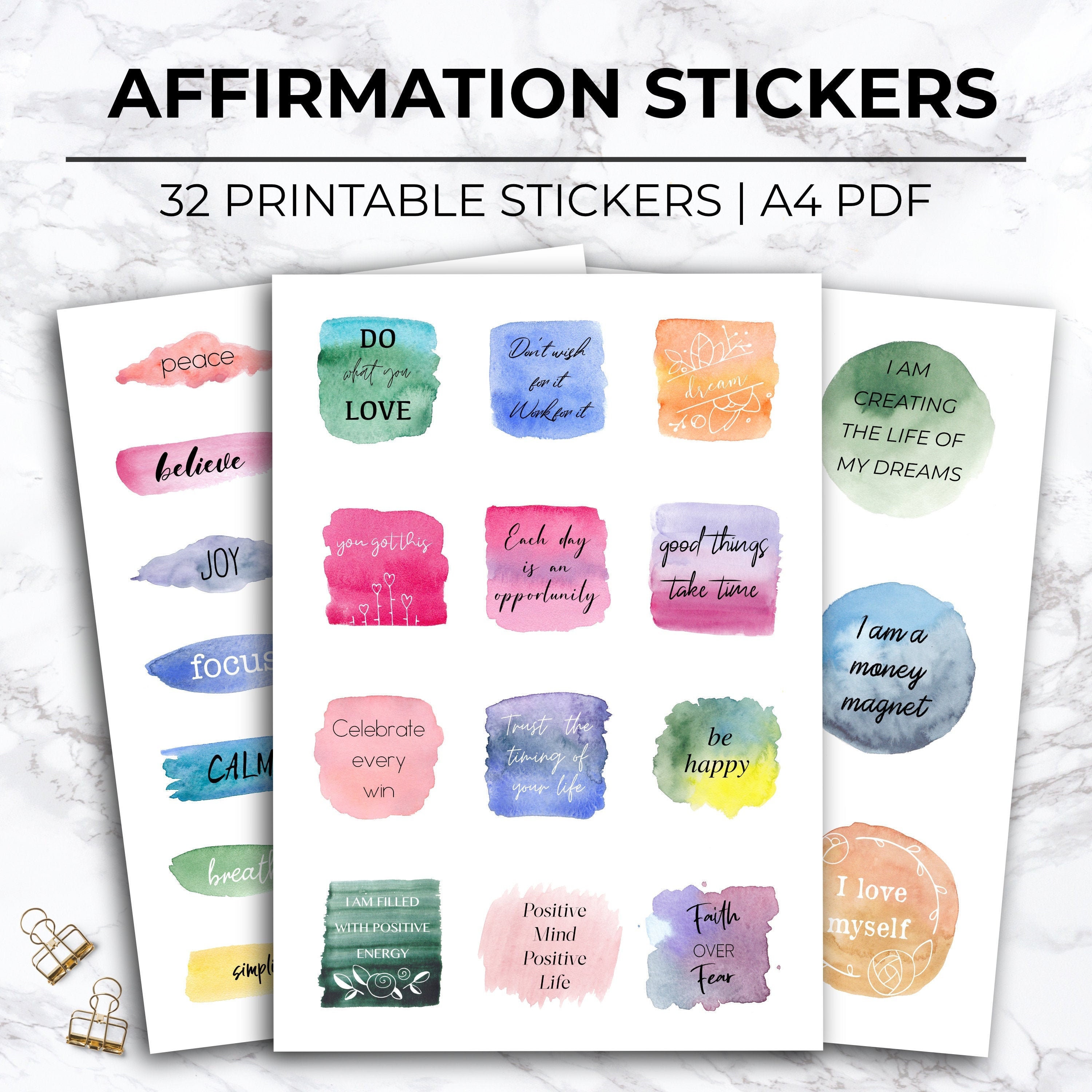 Printable Watercolor Affirmation Stickers,printable Manifesting Cards ...