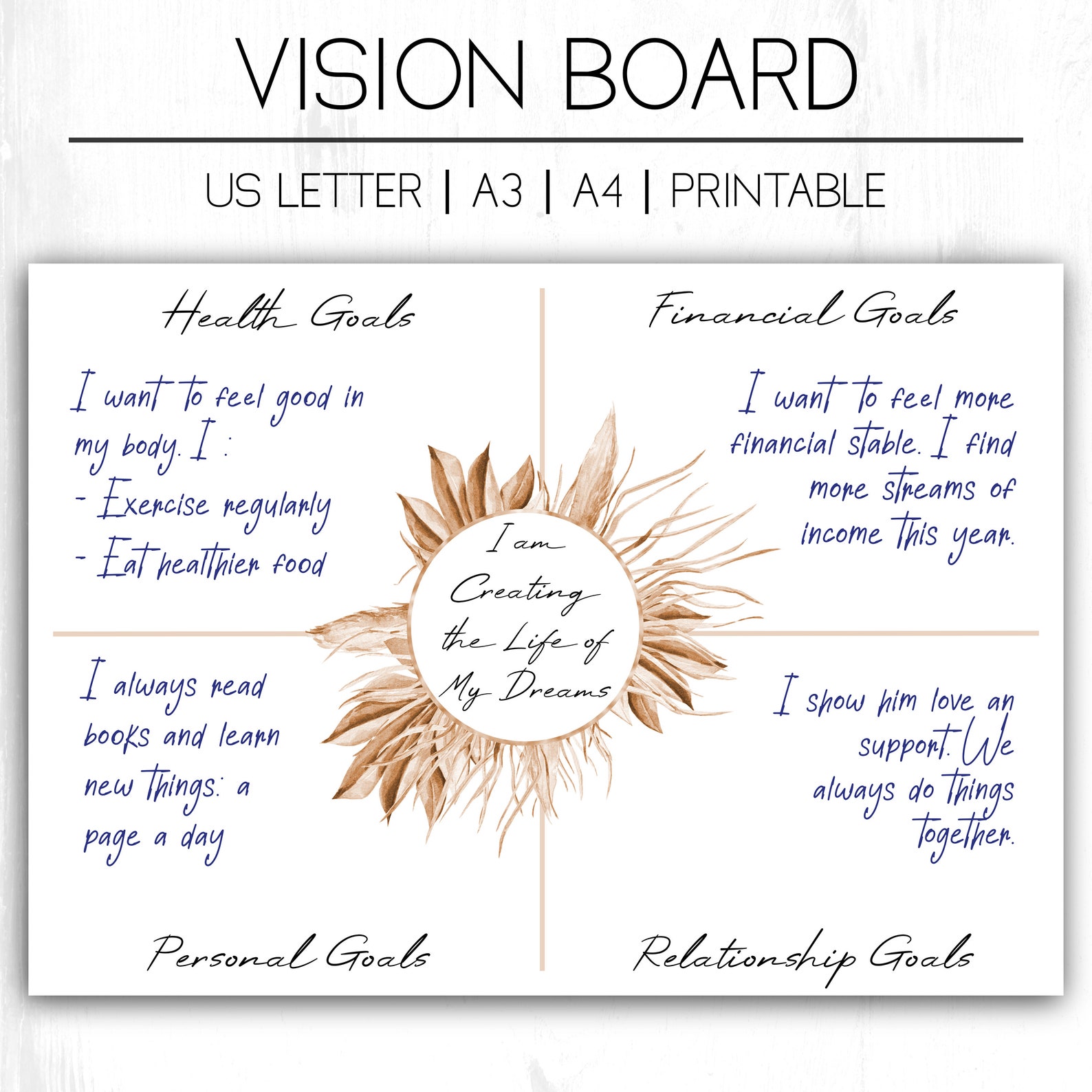 Printable Vision Board Template, Printable Dream Board, Undated Floral ...