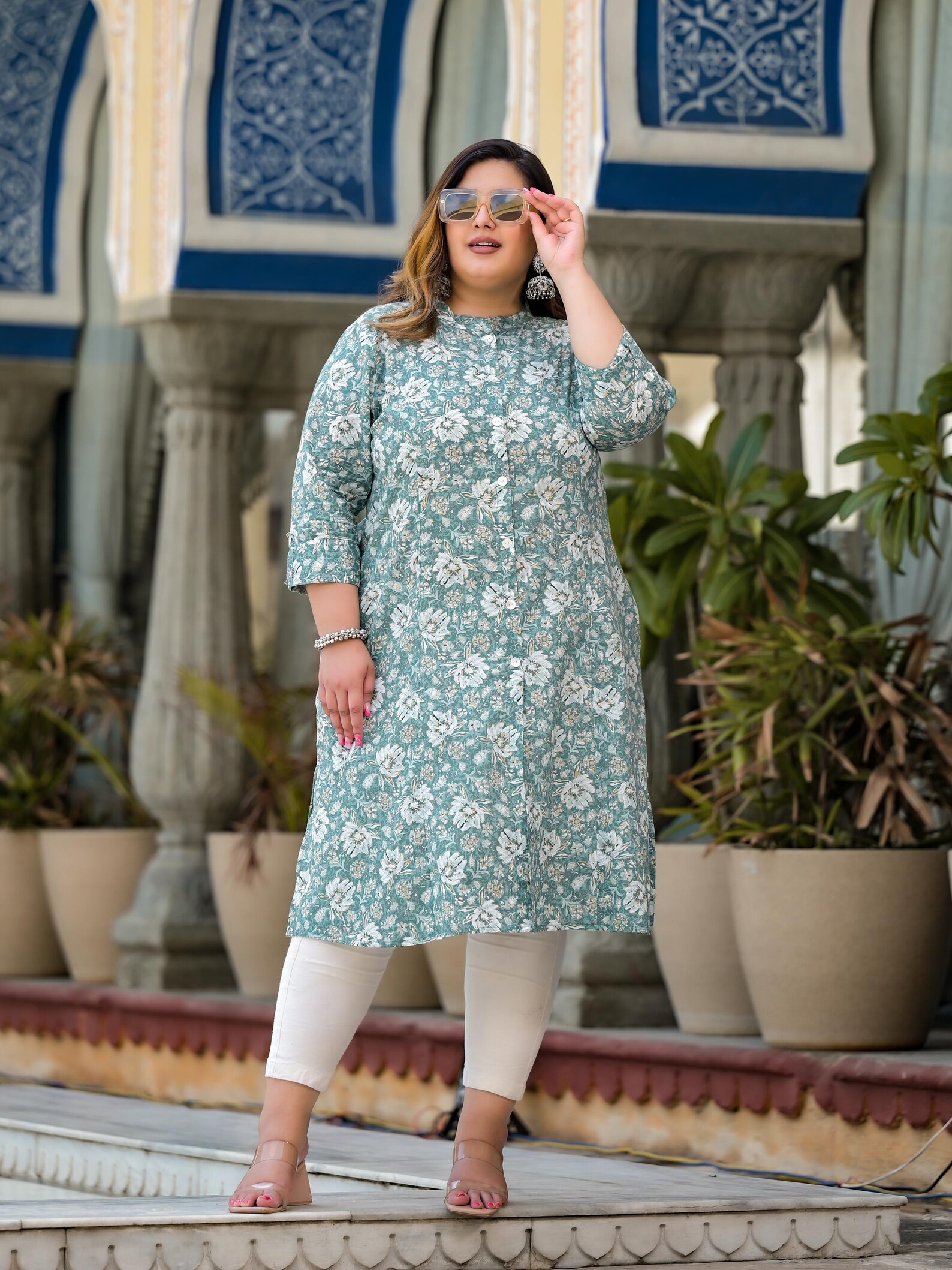 Green Front Slit Princess Cut 'A' Line Kurta | Floral Printed Kurta for ...