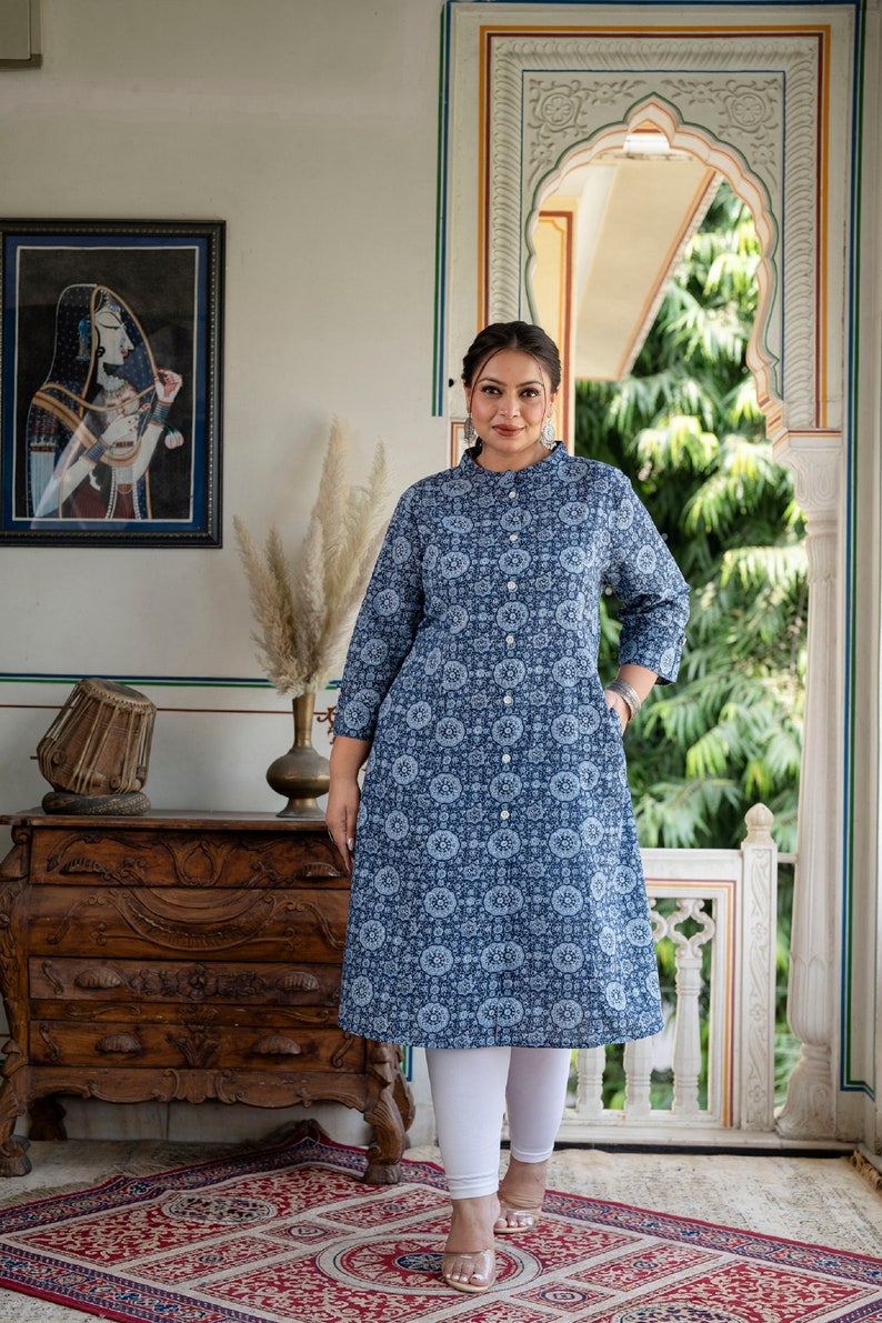 Floral Print Pure Cotton Front Slit Princess Cut 'A' Line Kurta Plus ...