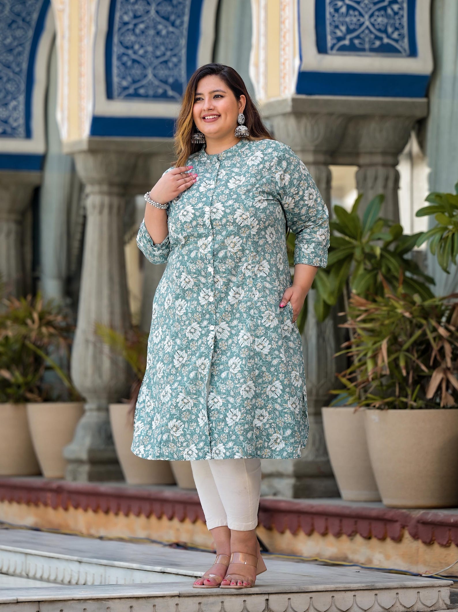 Green Front Slit Princess Cut 'A' Line Kurta | Floral Printed Kurta for ...
