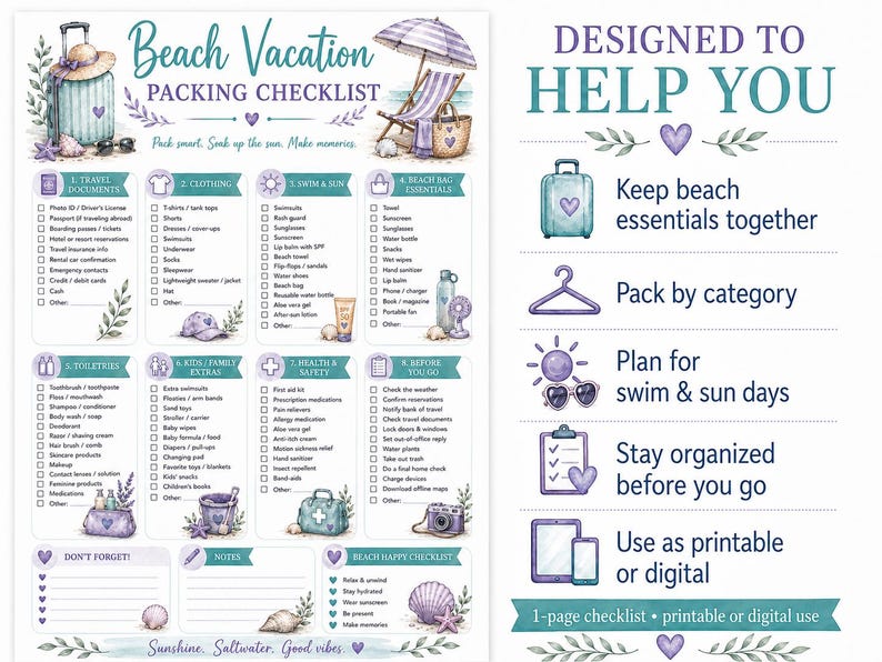 Beach Vacation Packing Checklist Printable, Travel Planner PDF for ...