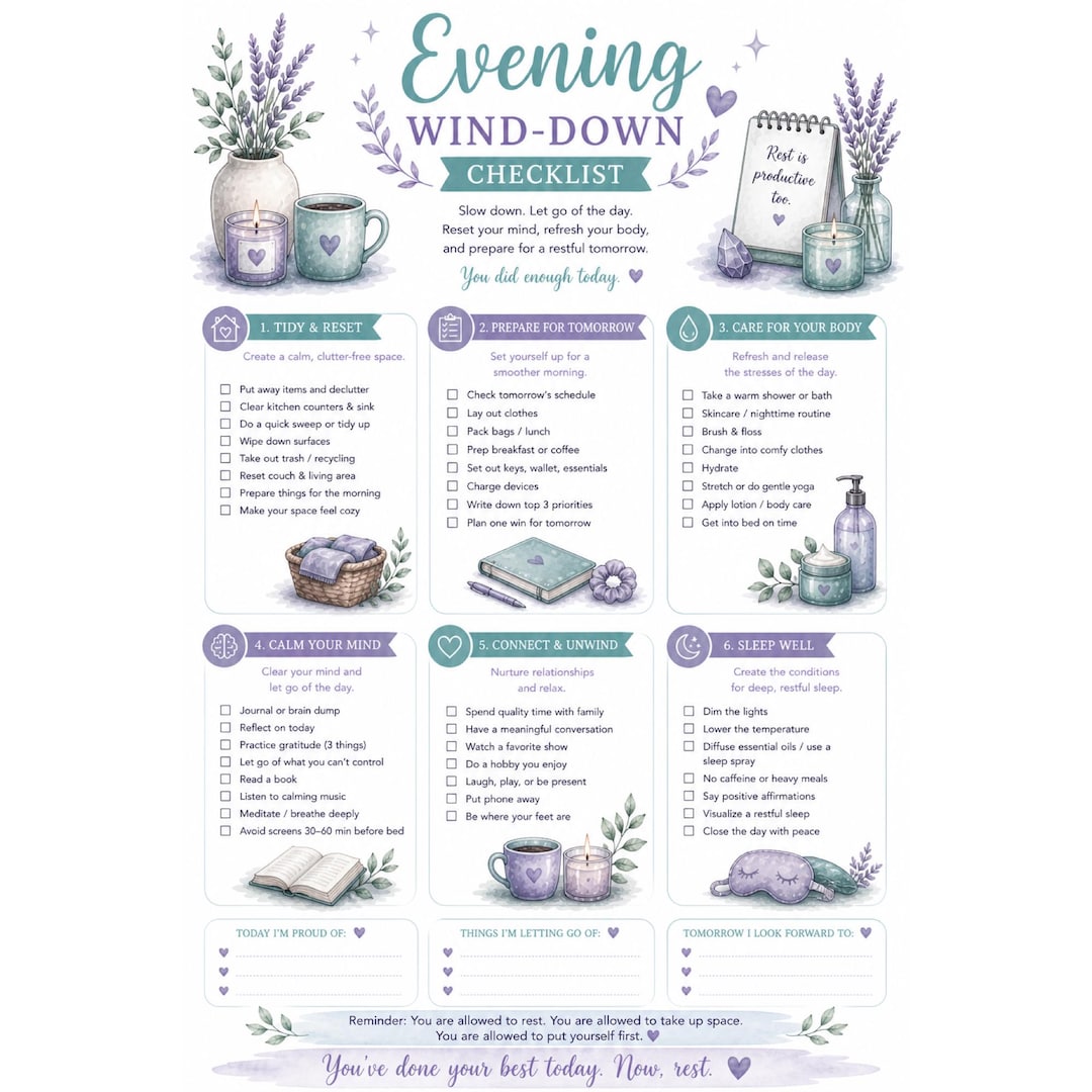 Evening Wind Down Checklist Printable | Bedtime Routine Planner | Night ...
