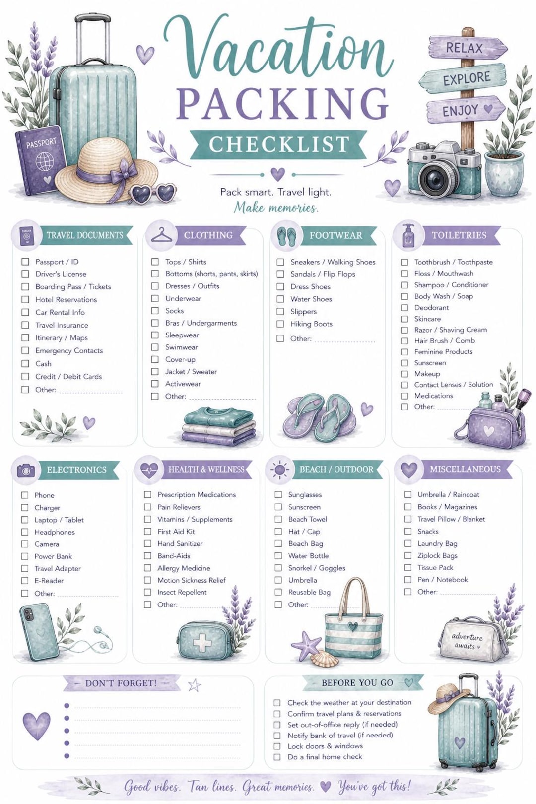 Vacation Packing List Printable | Travel Checklist | Packing Checklist ...