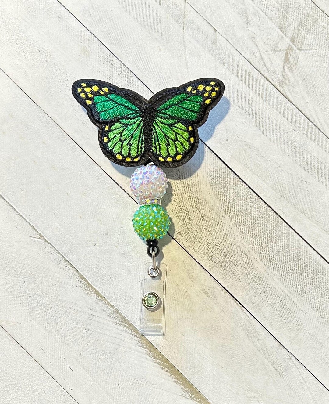 Green Rhinestone Monarch Butterfly Badge Reel | ID Insect Badge Reel ...