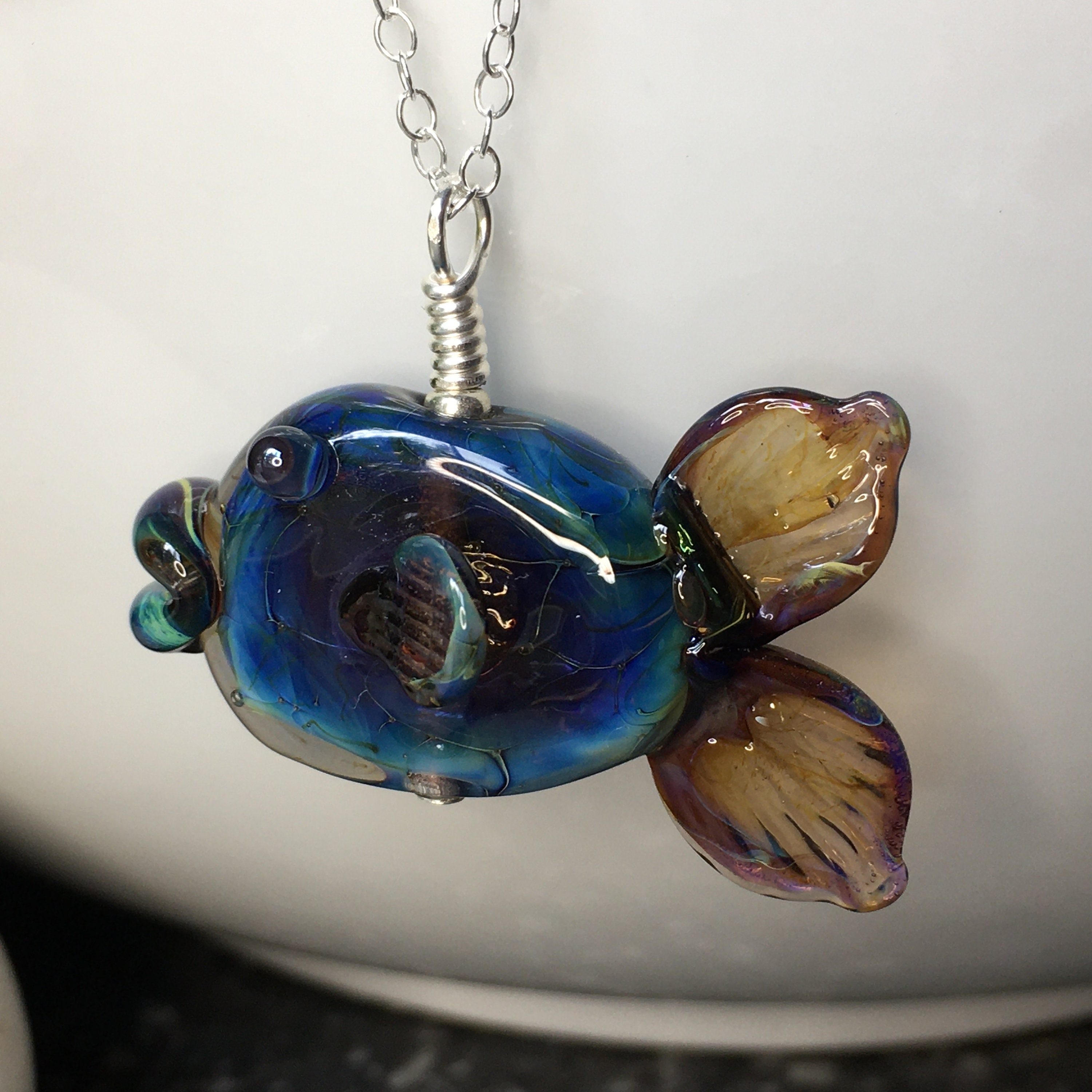 Deep Blue Sea Glass Fish Pendant on Silver Chain Necklace - Etsy