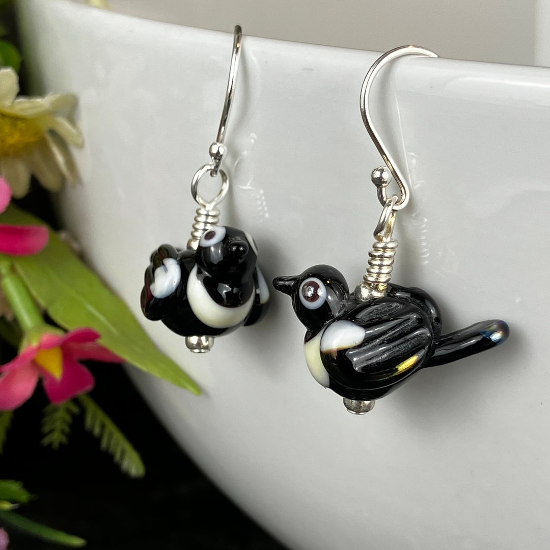 Magpie Handmade Glass Bird Earrings With Sterling Silver Ear Wires - Etsy