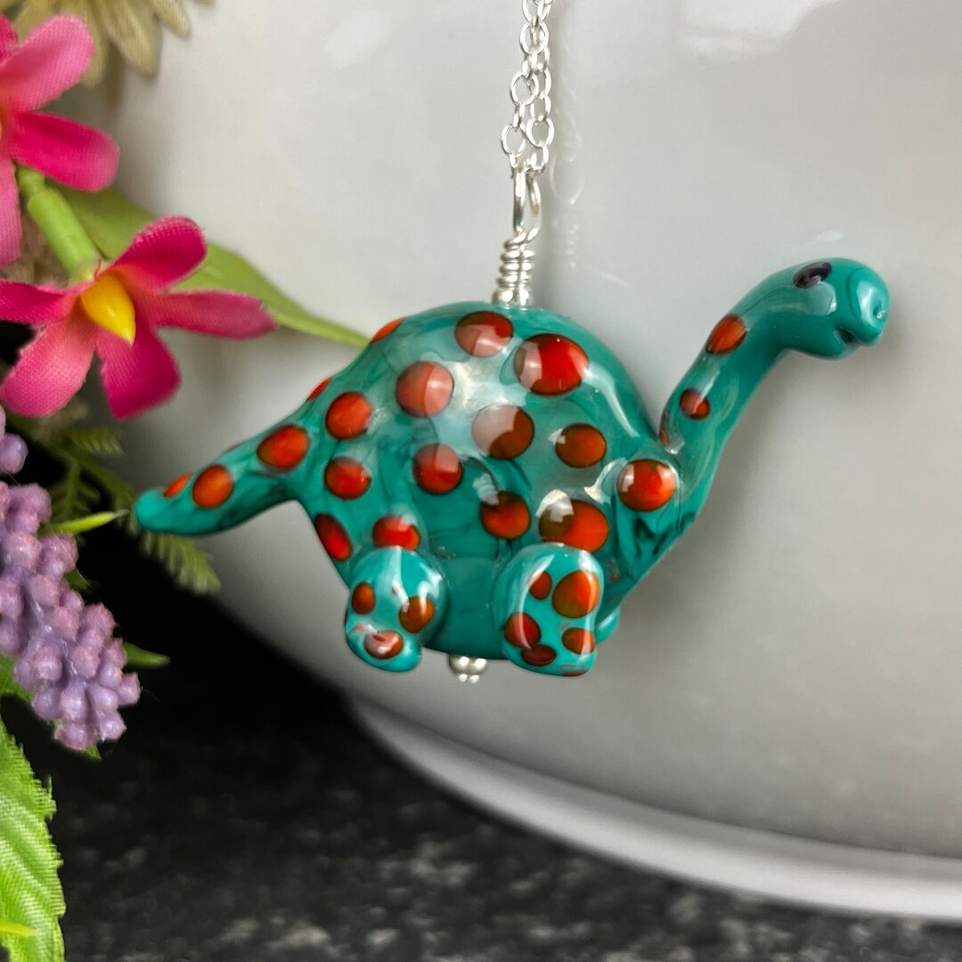 Megasaurus Green Dinosaur Glass Pendant on Sterling Silver Chain - Etsy