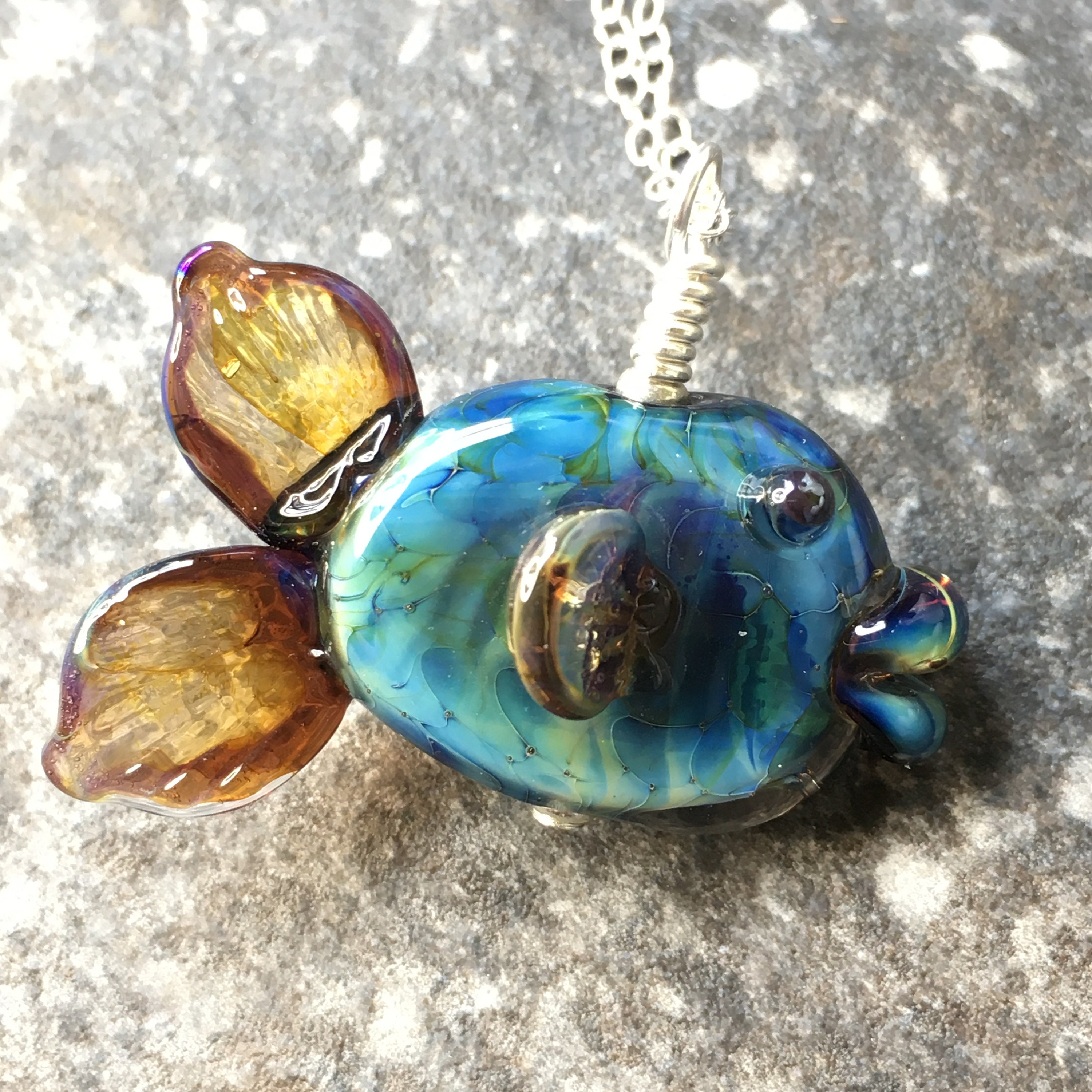 Deep Blue Sea Glass Fish Pendant on Silver Chain Necklace | Etsy