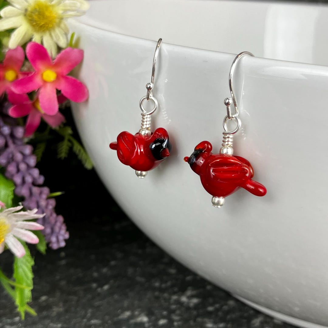 Red Cardinal Handmade Glass Bird Earrings on Sterling Silver Ear Wires ...