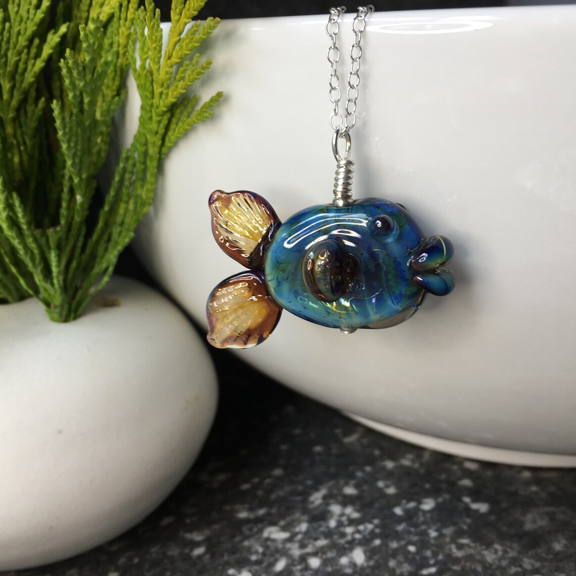 Deep Blue Sea Glass Fish Pendant on Silver Chain Necklace | Etsy