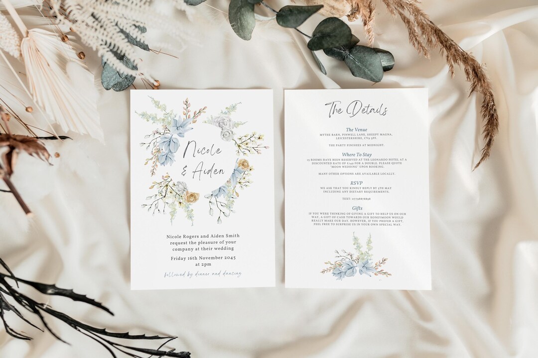 Dusty Blue Wedding Invitation, Pastel Blue Wedding Invitations, Baby ...