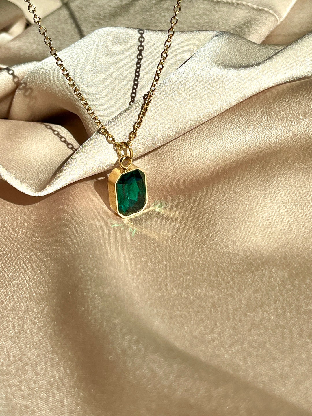 Emerald Green Birthstone Necklace, Baguette Necklace in Gold, May Birth ...