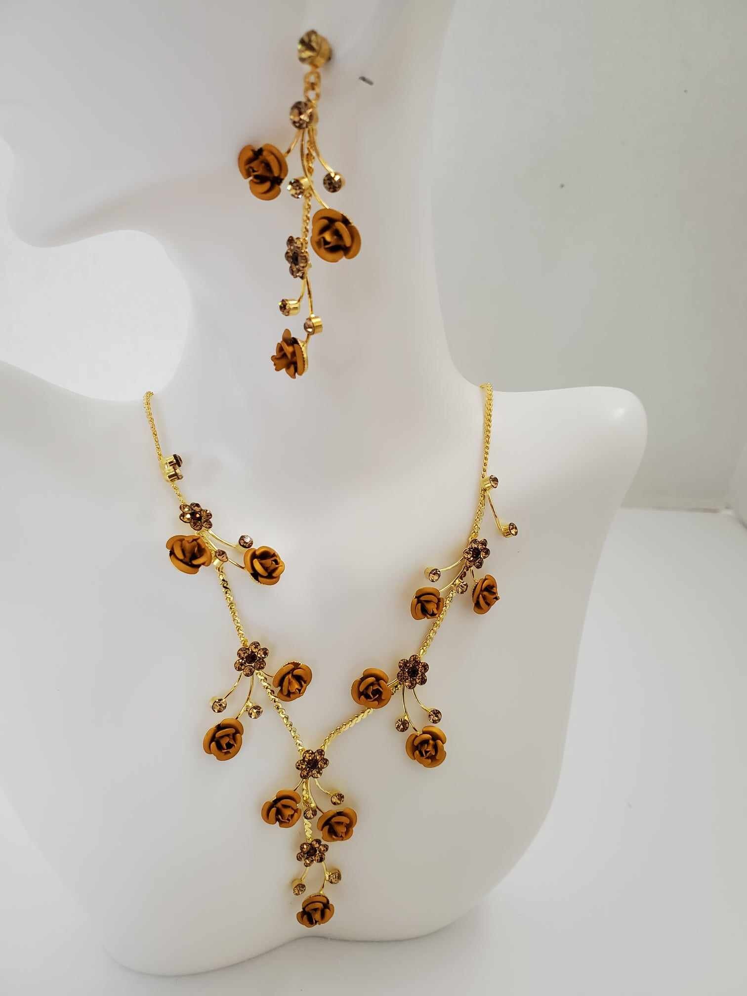 Gold Rose Rhinestone Flower Necklace and Earrings Set - Etsy