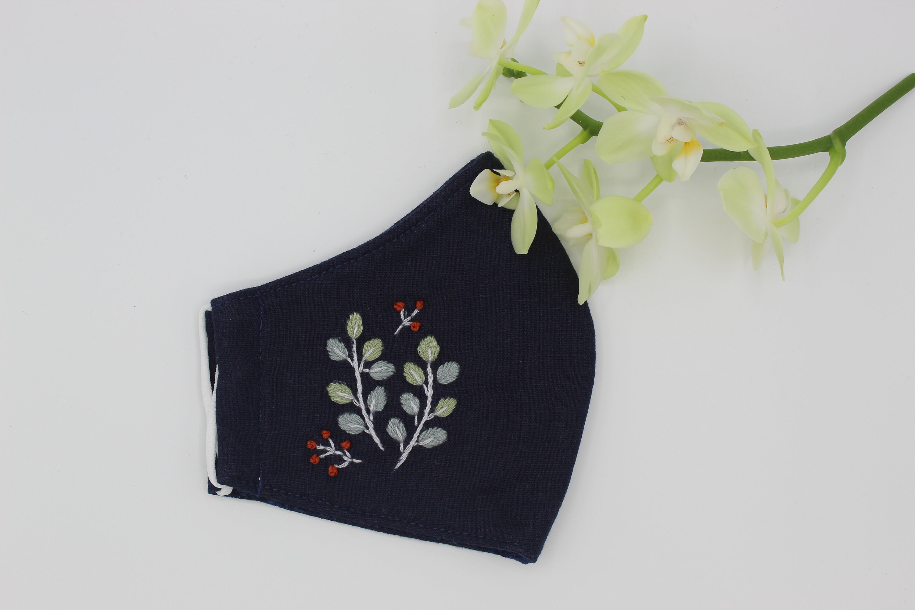 Leaves Hand Embroidered Linen Face Mask, Washable Reusable, Natural ...