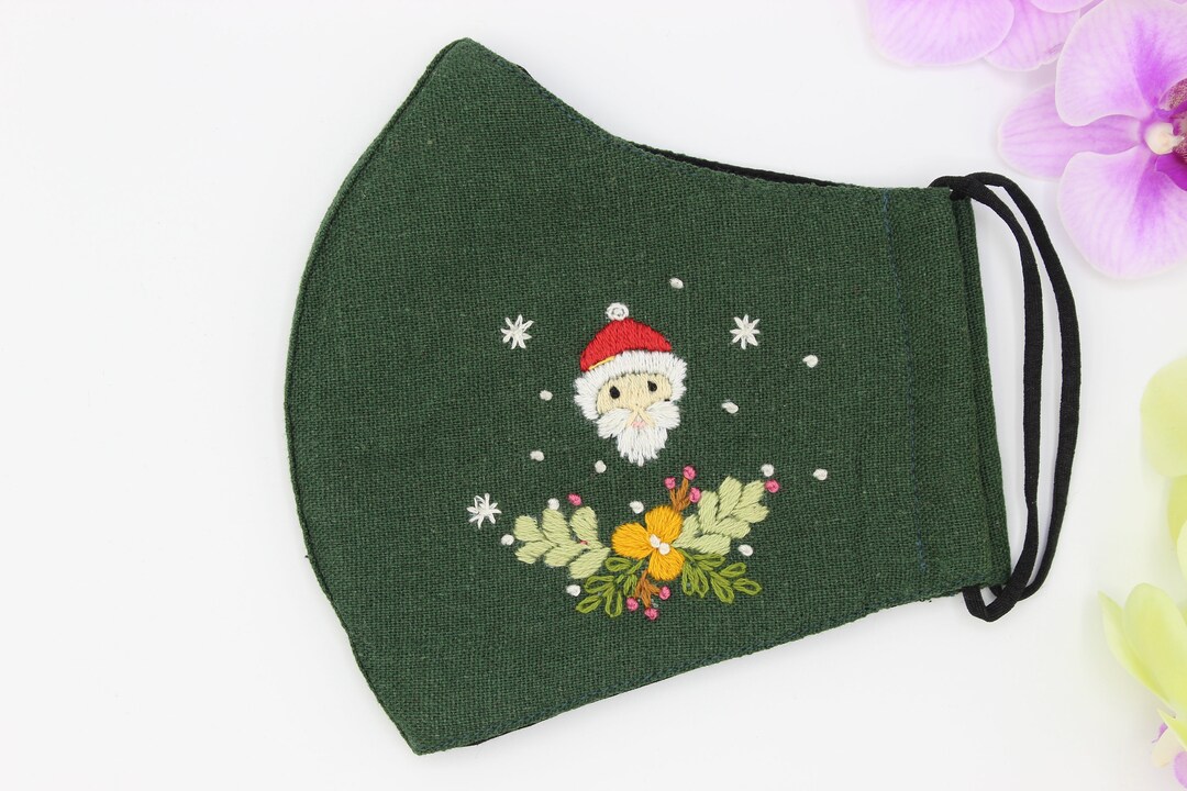 Santa Clause Facemask, Hand Embroidered Linen Face Mask, Washable ...