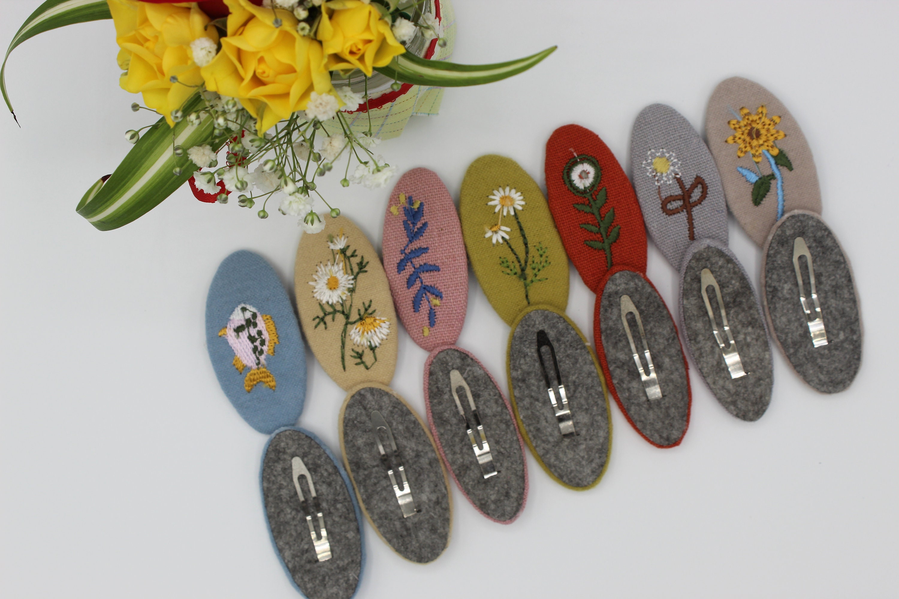 Set of 7 Unique Simple Handmade Hair Clips Linen Embroidered - Etsy