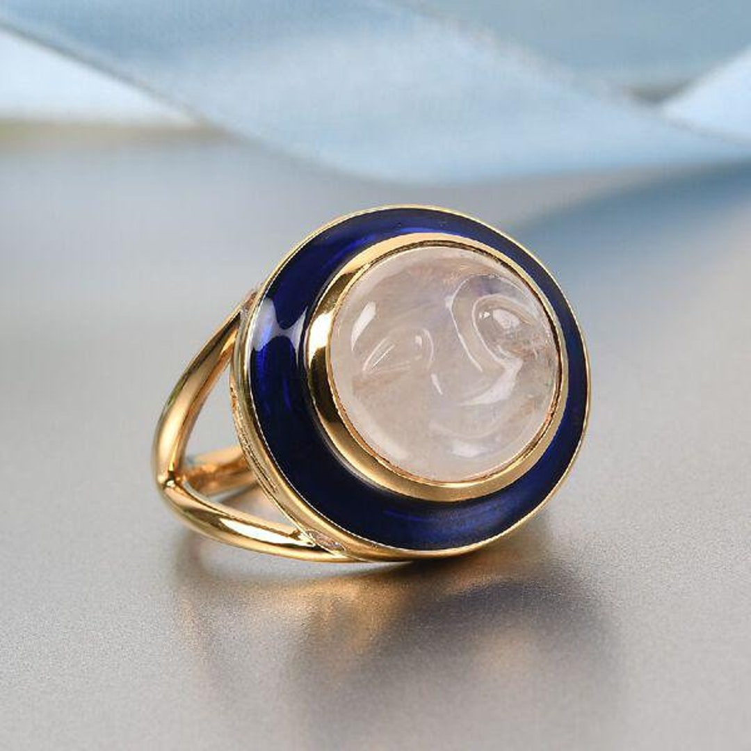 Natural Moonstone Face Ring, Gold Moon Ring, Boho Carved Ring, Carving ...