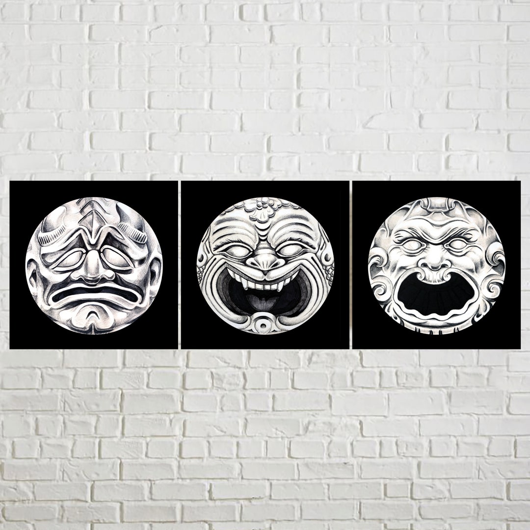 3 Art Prints: Sad Happy Angry Gargoyle Faces | Original Mixed Media ...
