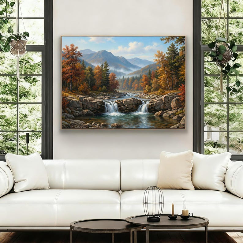 Original Hand Painted Autumn Mountain Waterfall Oil Painting, Large ...