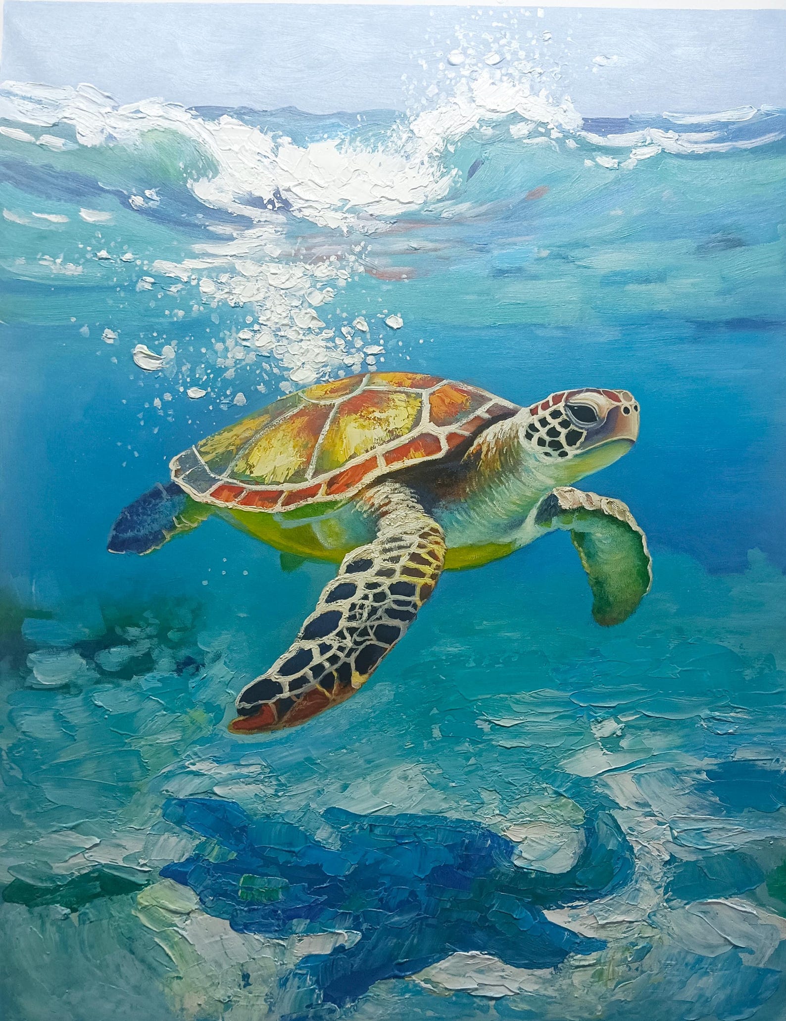 Original Large Sea Turtle Oil Painting – Hand Painted Ocean Animal Art ...