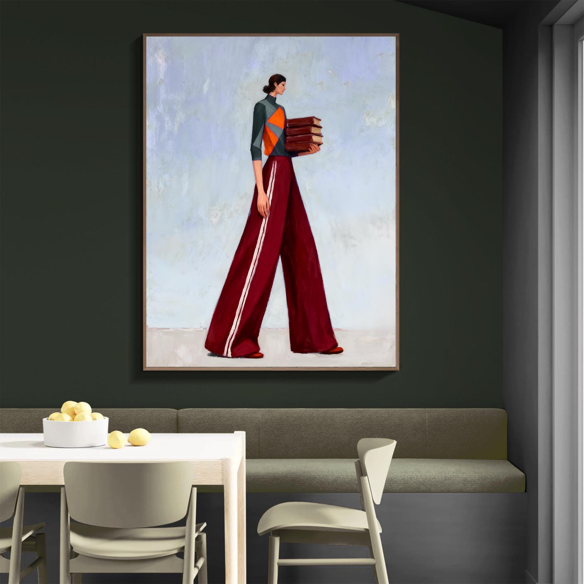 Original Textured Woman With Books Oil Painting on Canvas, Large Red ...