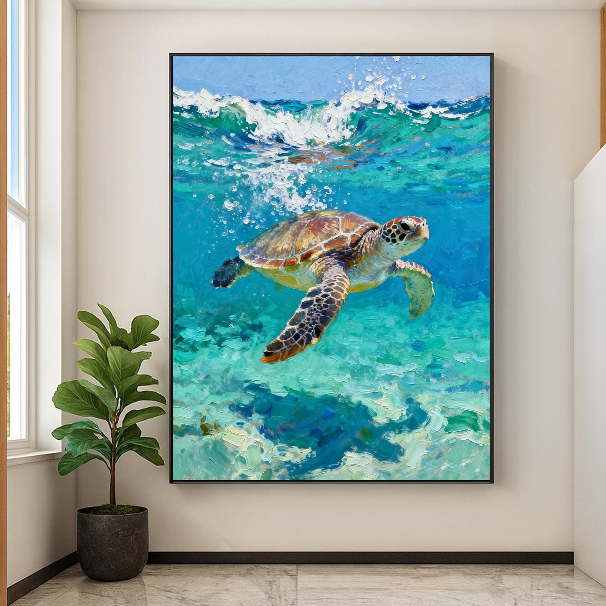 Original Large Sea Turtle Oil Painting – Hand Painted Ocean Animal Art ...