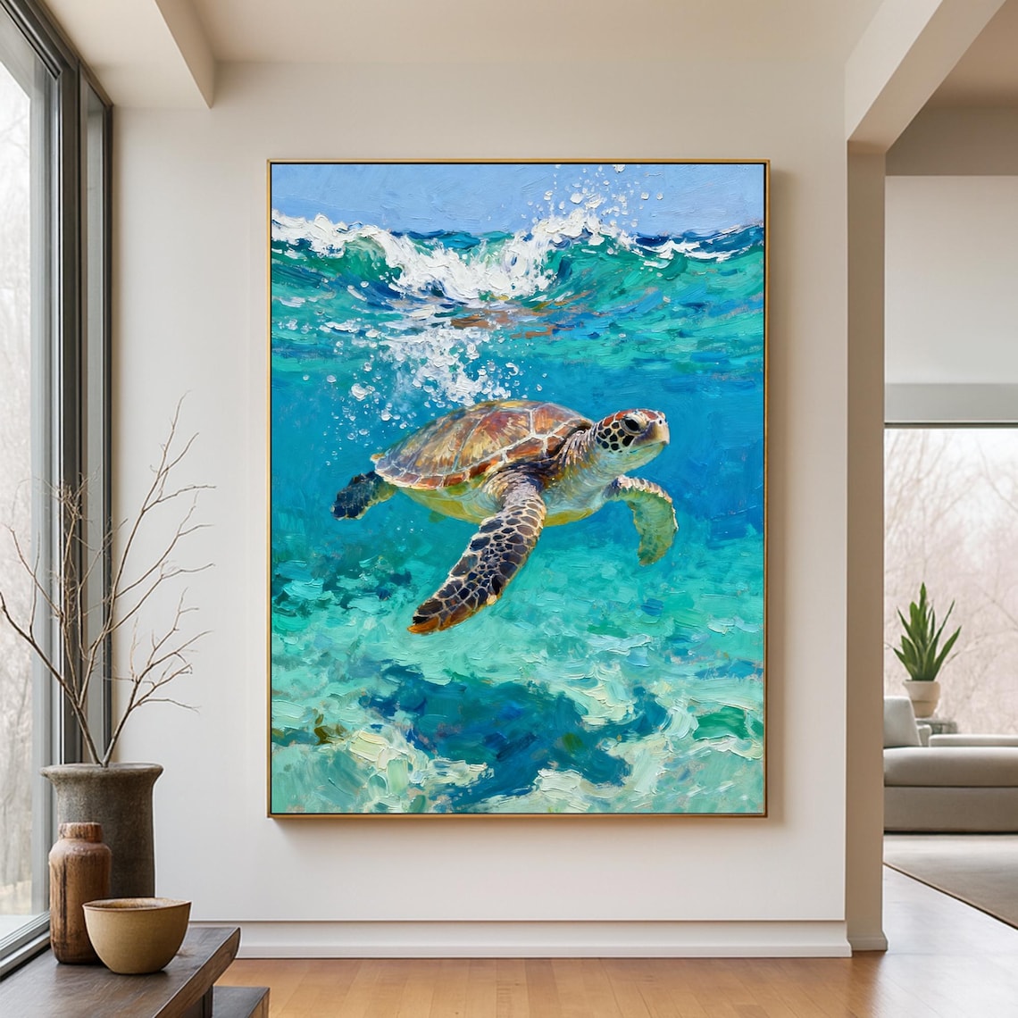 Original Large Sea Turtle Oil Painting – Hand Painted Ocean Animal Art ...