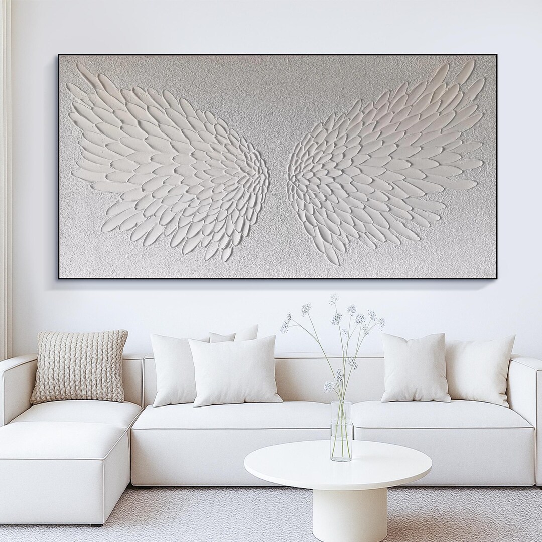 Textured Angel Wings Wall Art – 3D White Feather Canvas for Minimalist ...