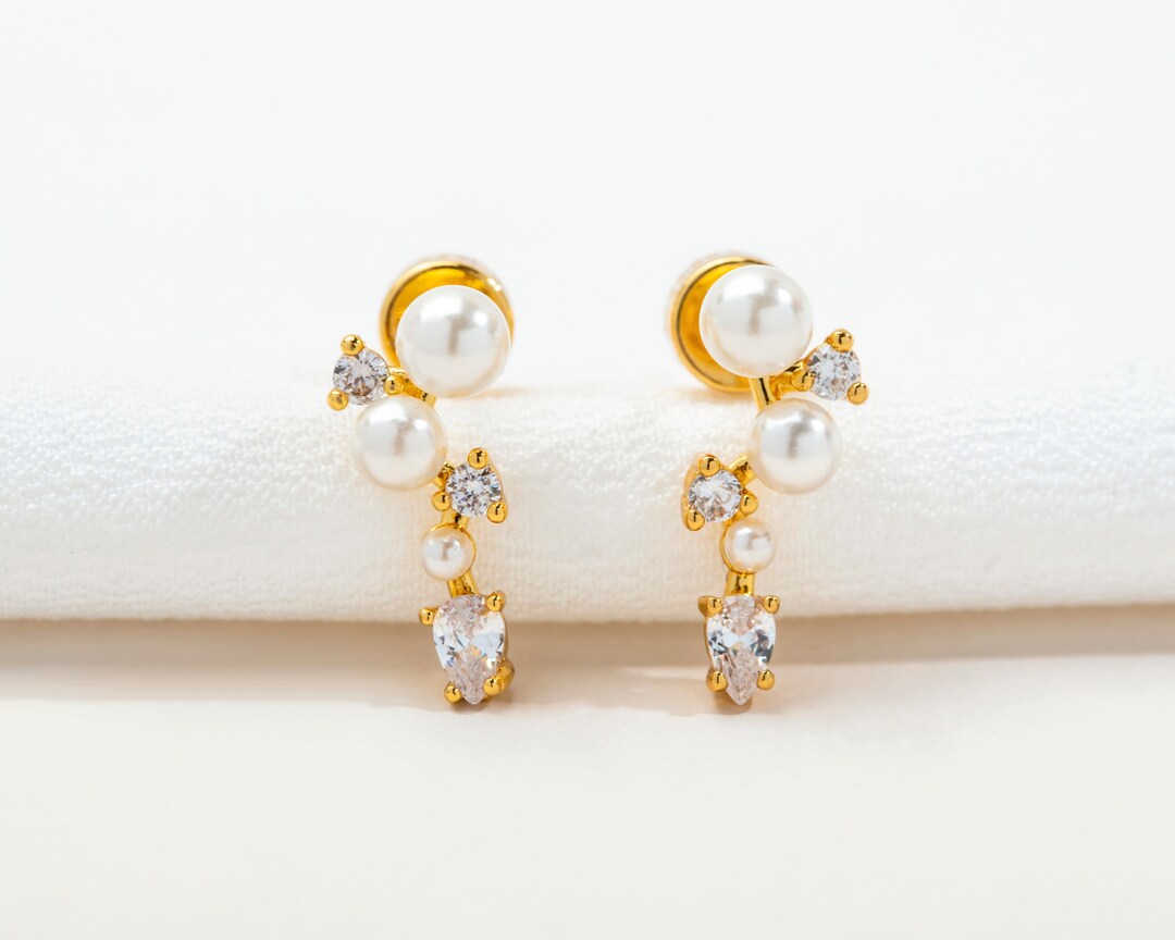 Pearl Crystal Ear Crawler Earrings • Roxie Earrings • Gold & Silver ...
