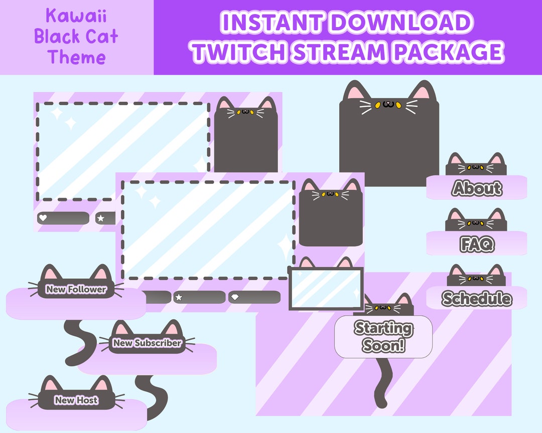 Twitch Overlay Package | Kawaii Black Cat Theme |chat Box, Panel, Alert ...