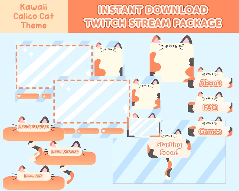 Twitch Overlay Package | Kawaii Calico Cat Theme | Chat Box, Panel, Alert, Webcam, BRB, Starting ...