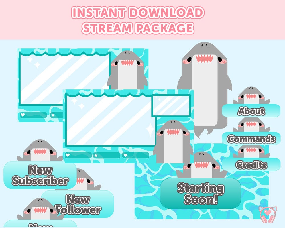 Twitch Overlay Package | Kawaii Shark Theme | Chat Box, Panel, Alert ...
