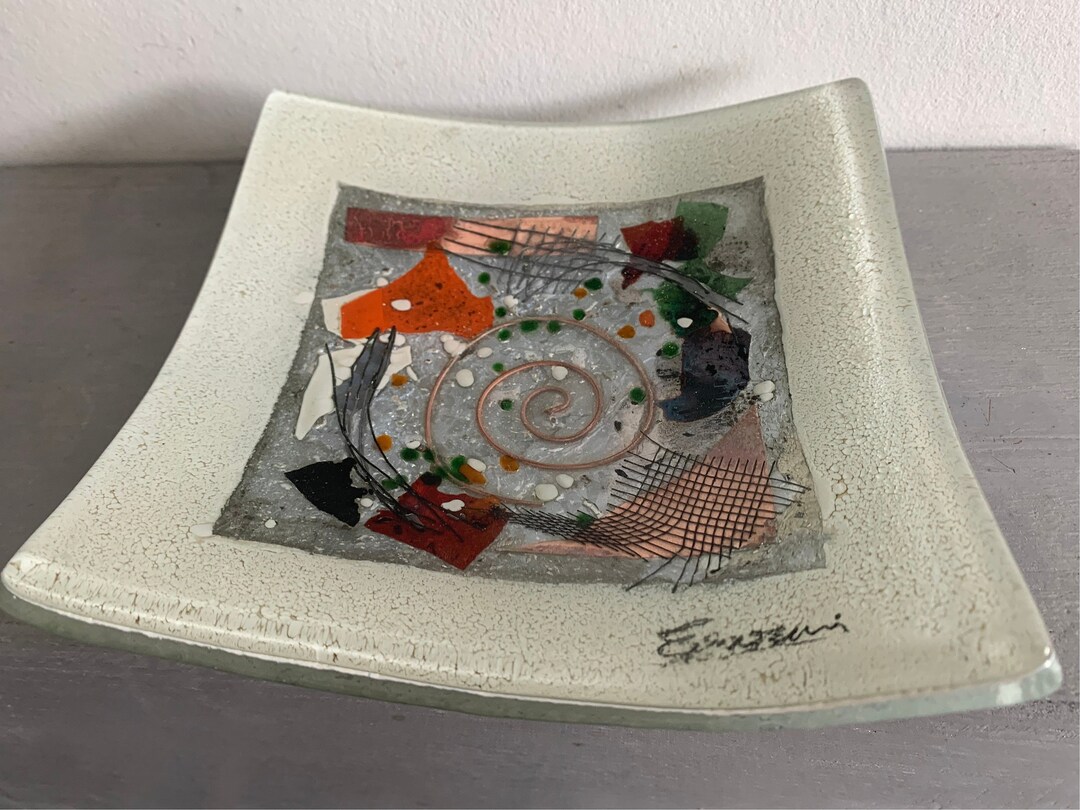 Contemporary Square Glass Curved Dish. Signed Art Glass Trinket Dish ...