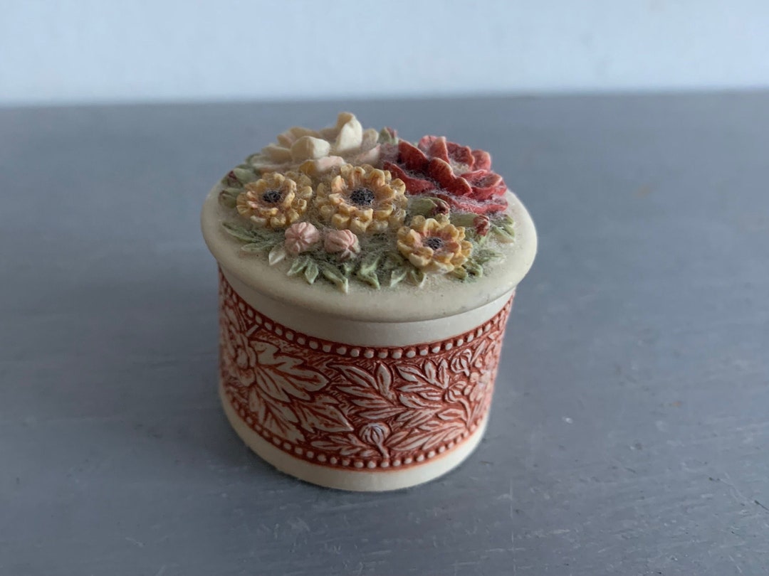 Vintage Small Round Trinket Box With Intricate Floral Design on the Lid ...