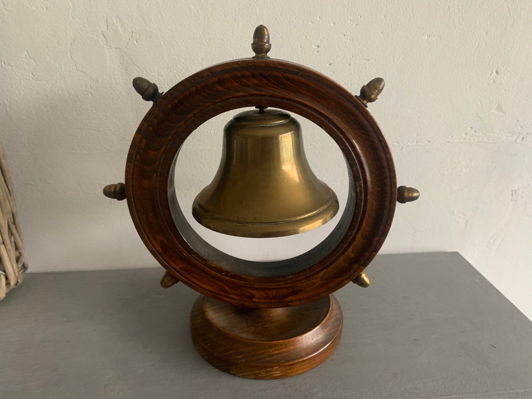 Vintage Wooden and Brass Nautical Bell. Table Top Bell. Ships Wheel ...