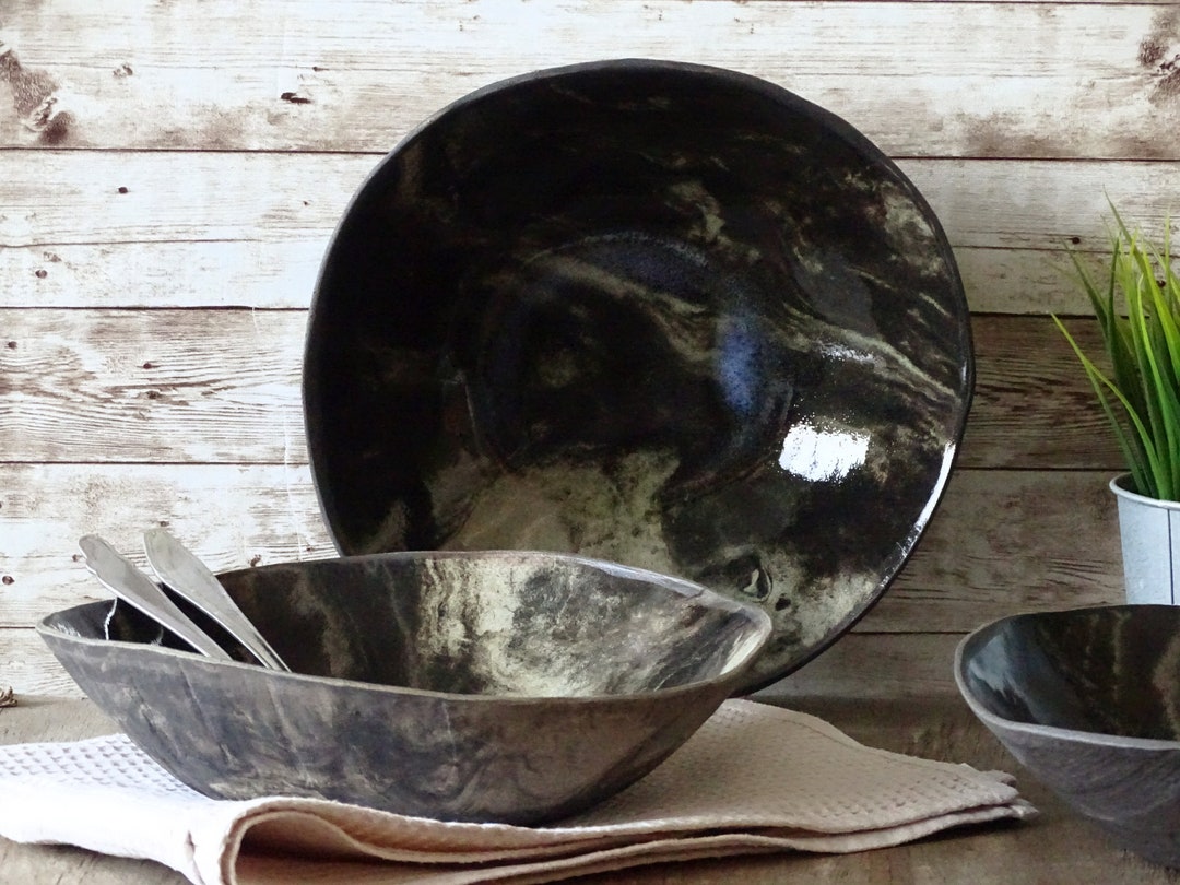 Black Marble Effect Ceramic Bowl: Rustic Stoneware Serving Bowl - Etsy