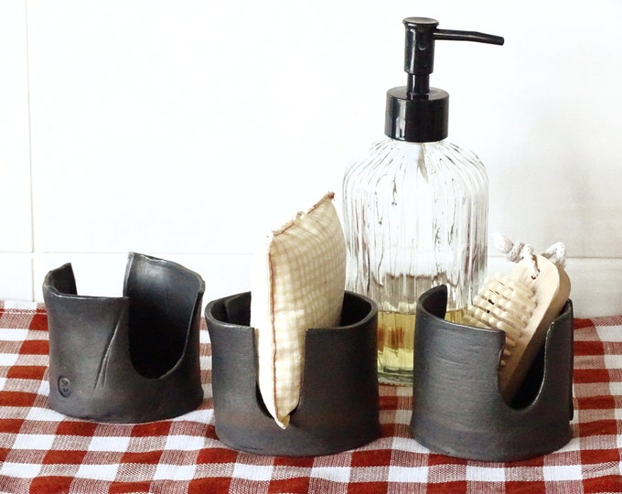 Black Pottery Sponge Holder Modern Farmhouse Slotted Stoneware Clay ...
