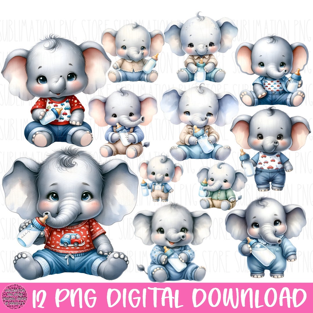 Baby Elephant Clipart Bundle Watercolor Baby Boy Elephant Png Digital ...