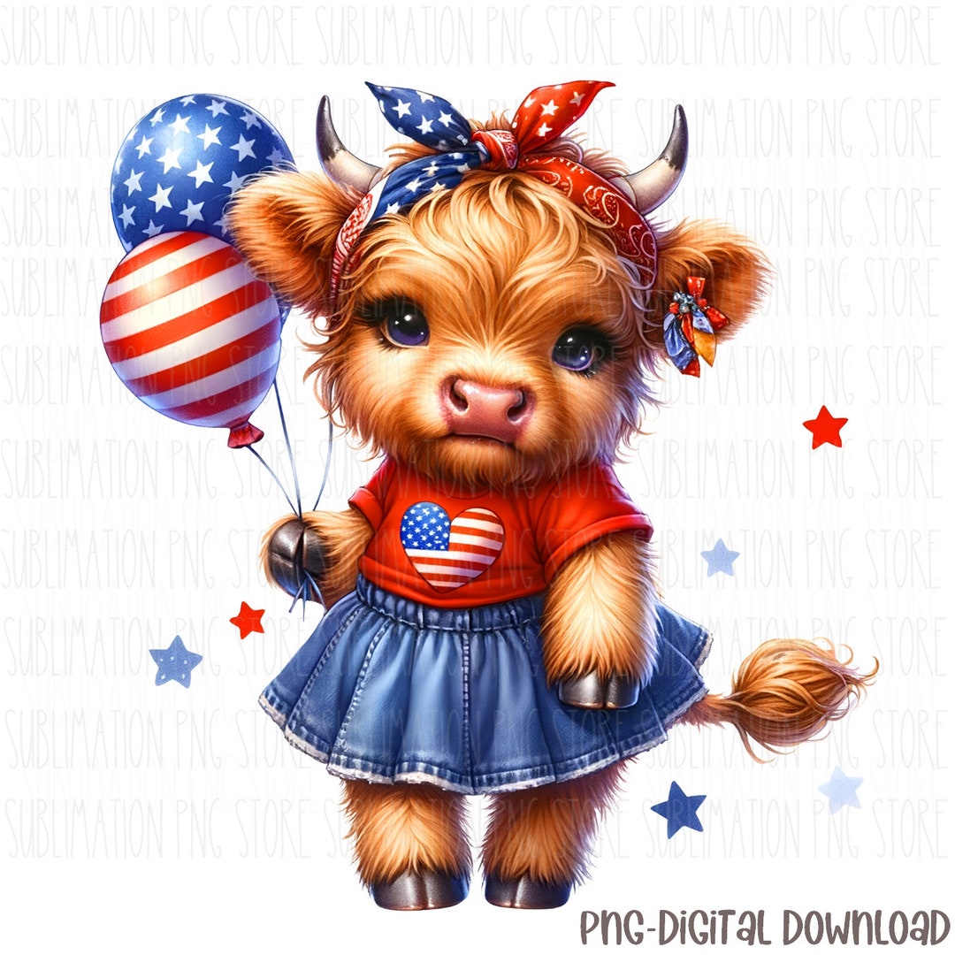 Patriotic Highland Cow Png 4th of July Sublimation Design Digital ...