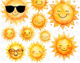 Watercolor Sun Clipart, Digital Sun Clipart, Bright Sun Png, Watercolor ...