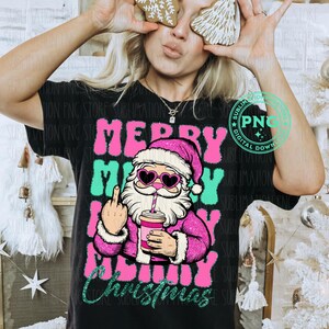 Santa Middle Finger Png Pink Christmas Glitter Santa Sublimation Design ...