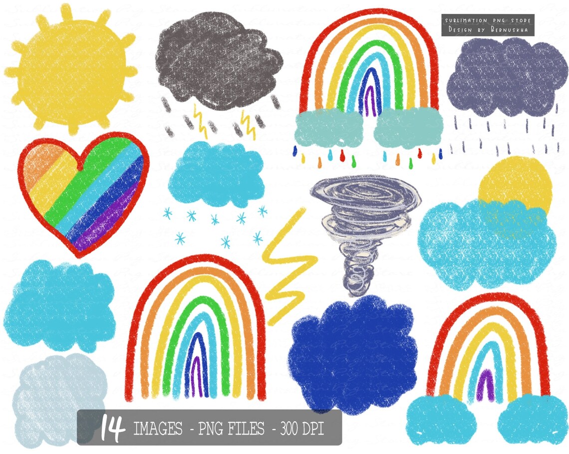 Weather Clipart Weather Crayon Clip Art Rainbow Png Cloud - Etsy