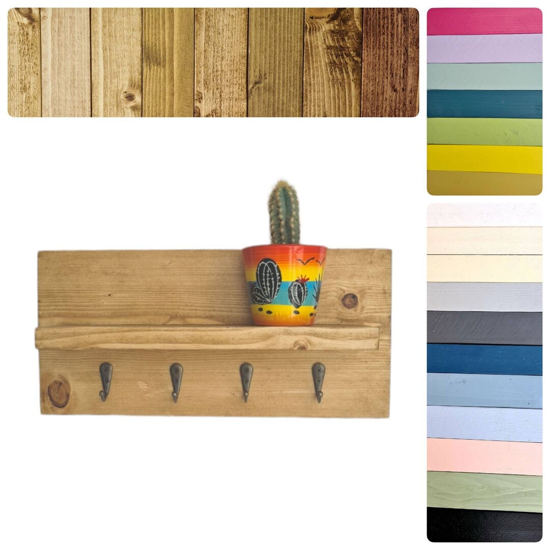 Rustic Key Hooks With Shelf, Handmade Wooden Keyhooks, Entryway ...