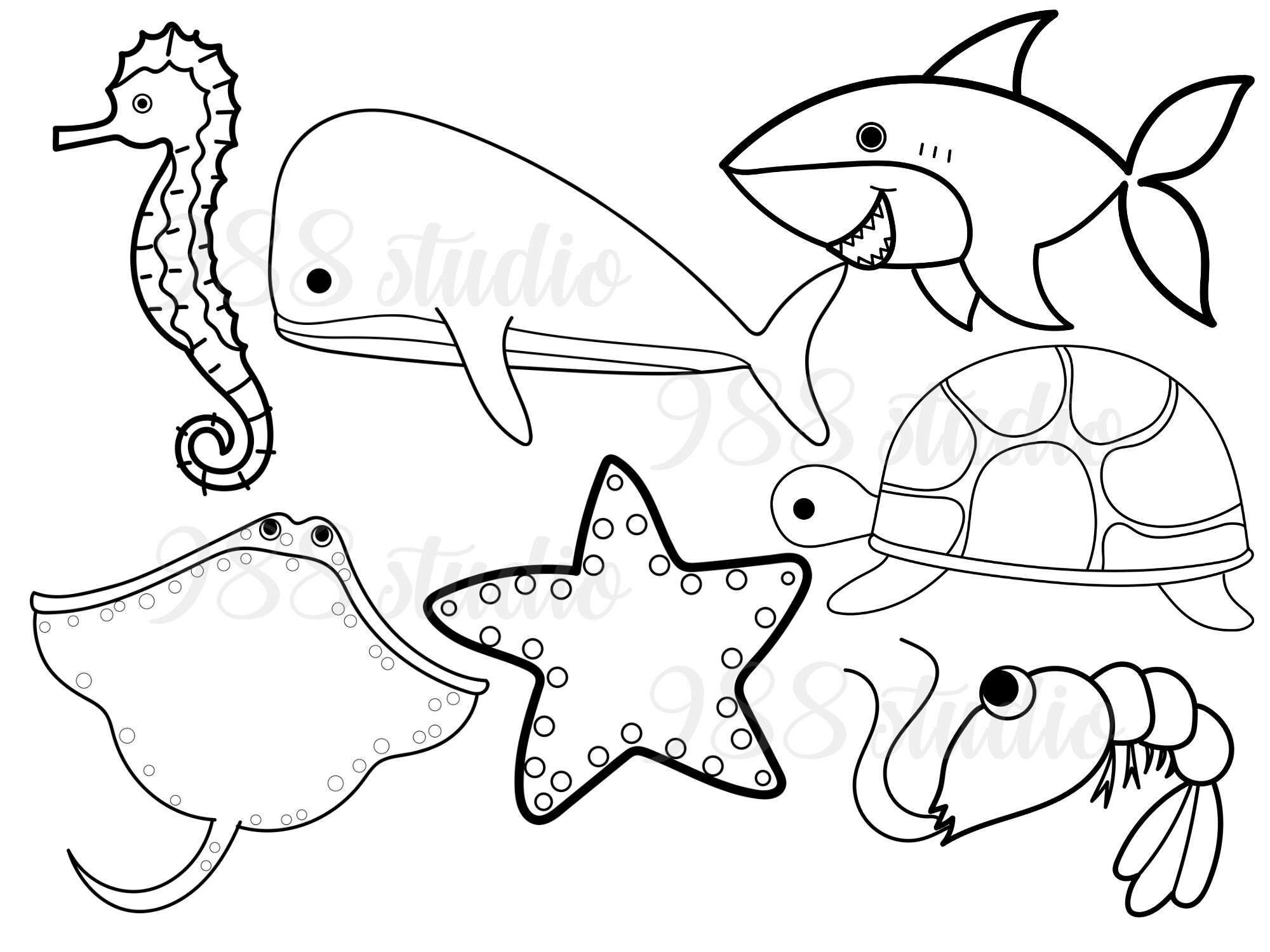 Underwater Clip Art, Ocean Animal Svg, Doodle Sea Animal Png, Water ...