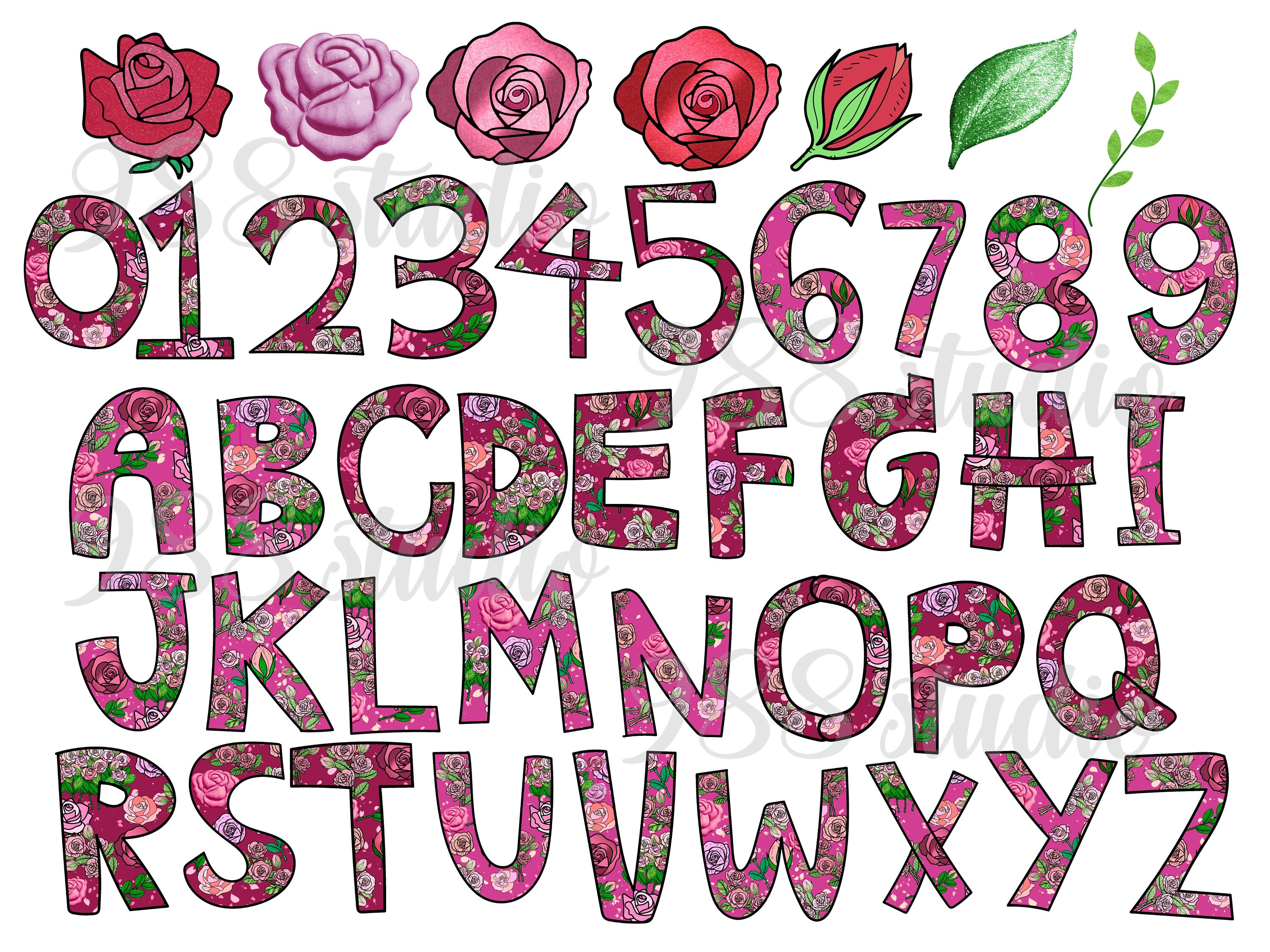 Rose Fonts Clip Art, Flower Alphabet Png, Pink Rose Font Pdf, Valentine ...