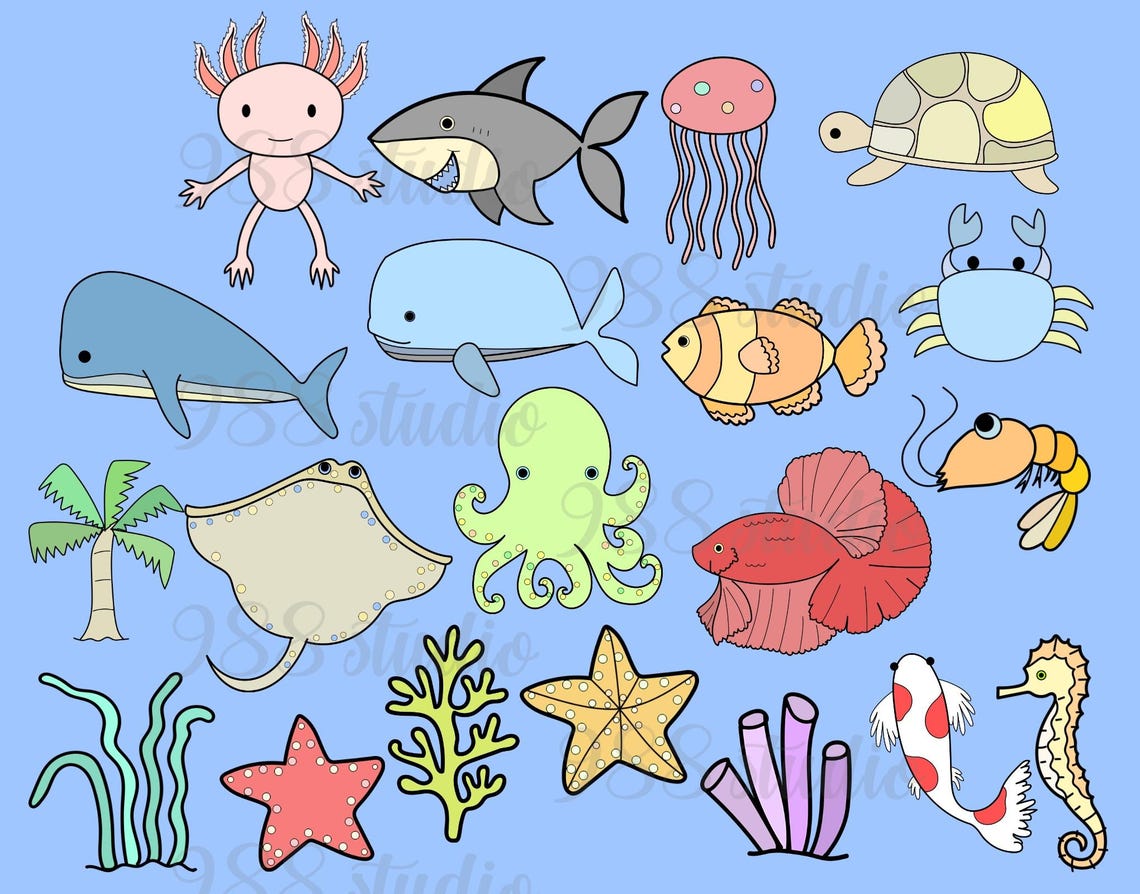 Water Animal Clip Art, Ocean Animal PDF, PNG, Doodle Sea Animal ...