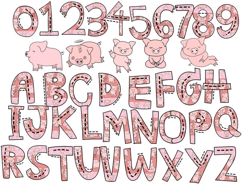 Pig Fonts, Doodle Pig Art, Animal Alphabet Png, Pdf, Cute Pig, Pig ...