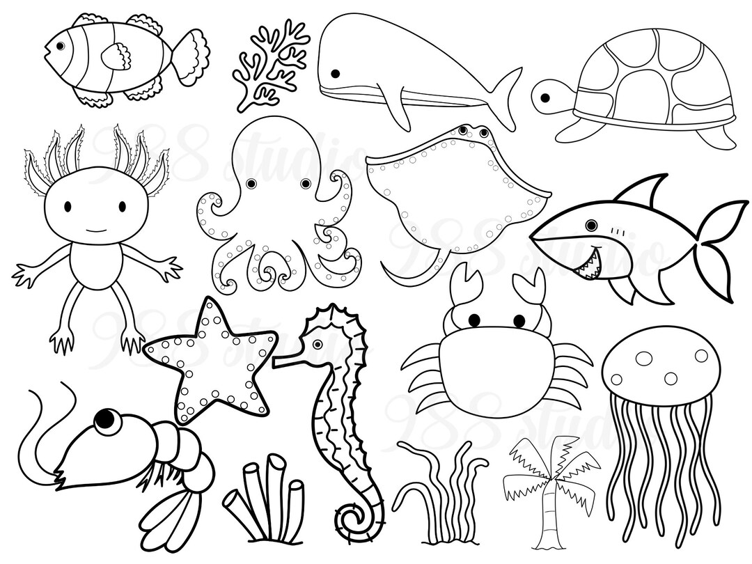 Underwater Clip Art, Ocean Animal Svg, Doodle Sea Animal Png, Water ...