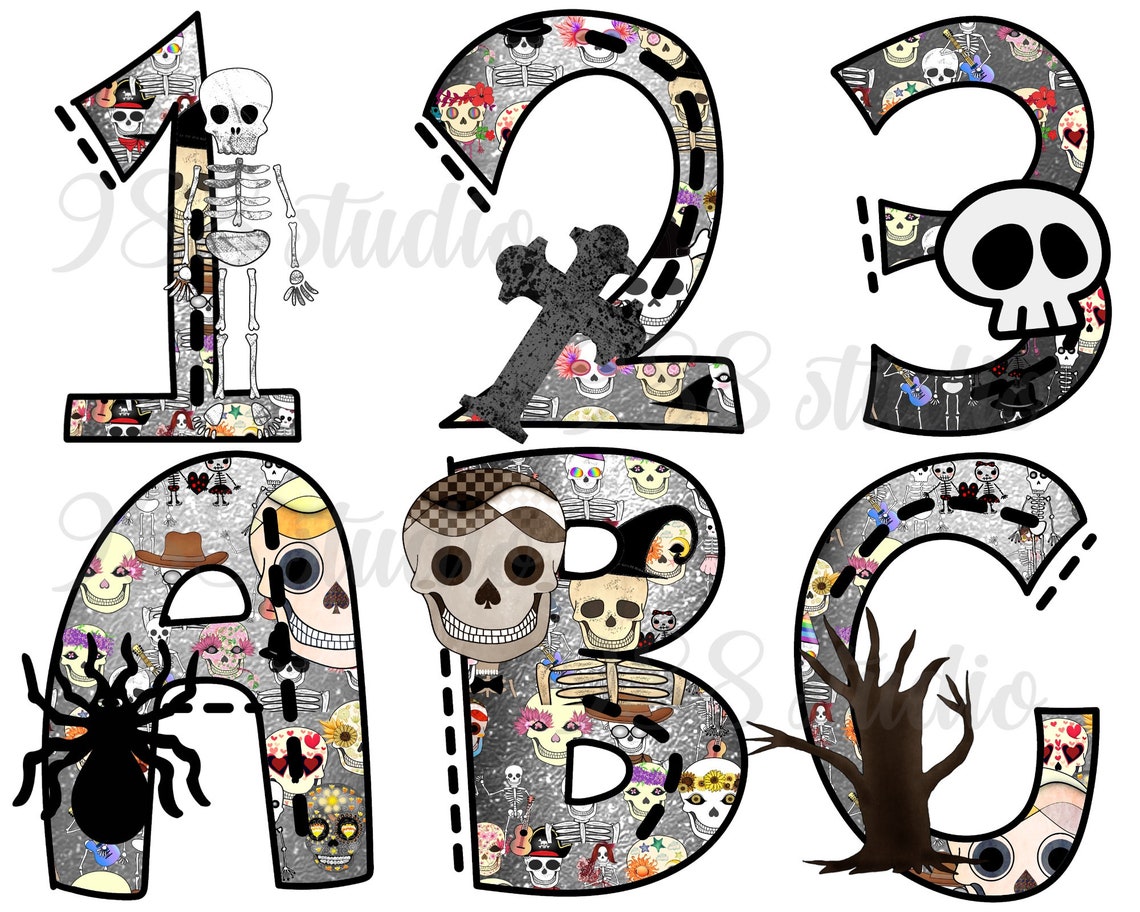 Skulll Alphabet Clip Art Halloween Font Png Skeleton Letters - Etsy